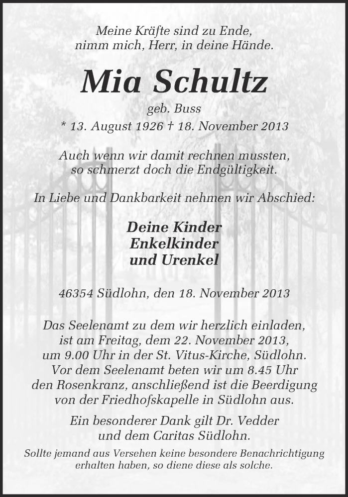 Traueranzeigen von Mia Schultz | www.trauer.ms