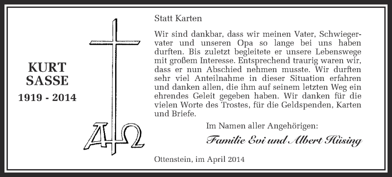Traueranzeigen von Kurt Sasse | www.trauer.ms