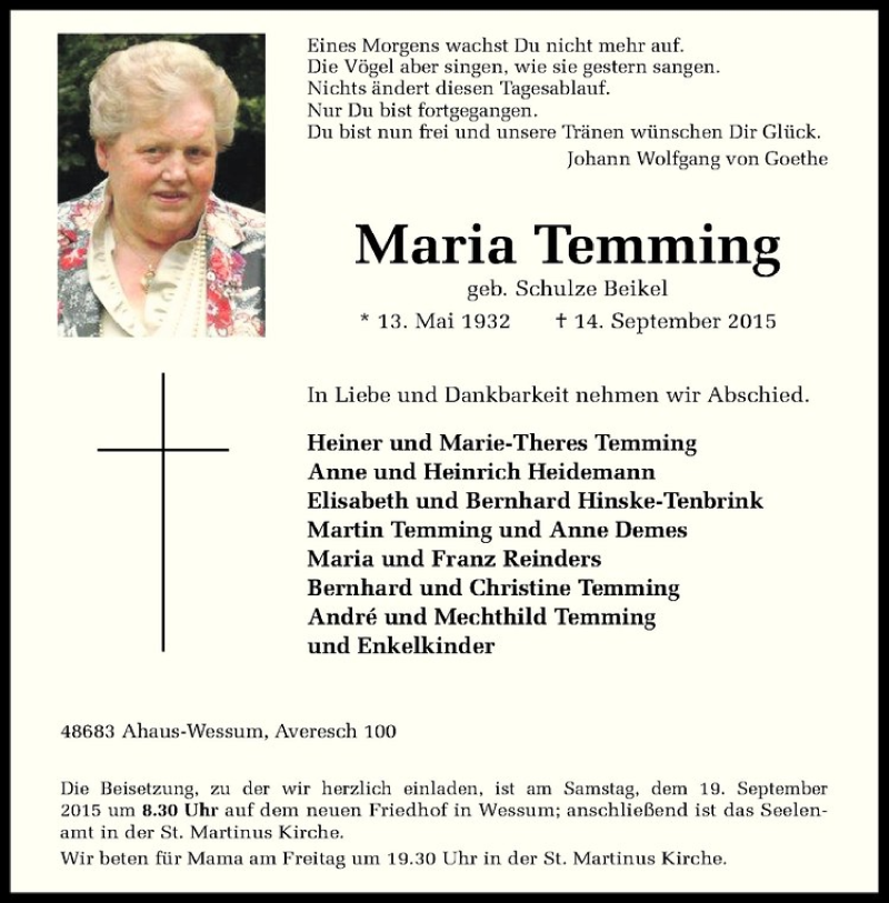 Traueranzeigen von Maria Temming | www.trauer.ms