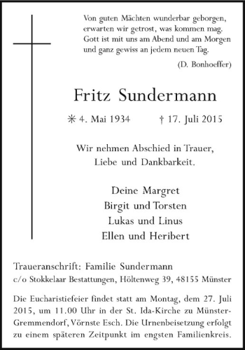 Traueranzeigen von Fritz Sundermann | www.trauer.ms