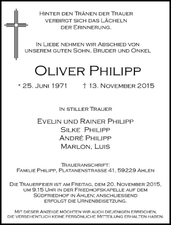 Traueranzeigen von Oliver Philipp | www.trauer.ms