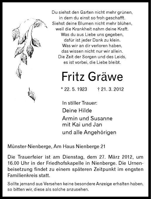 Traueranzeigen von Fritz Gräwe | www.trauer.ms