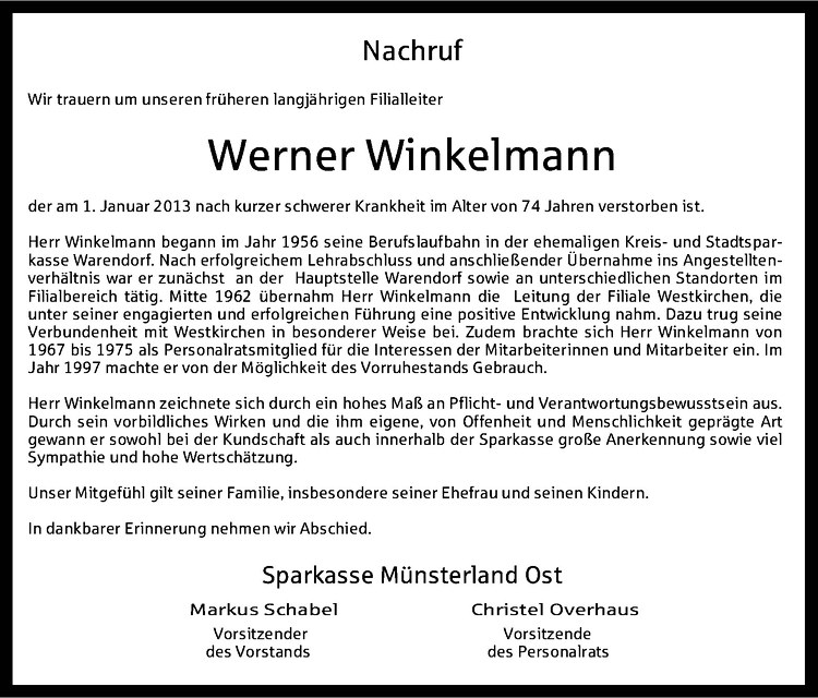 Traueranzeigen von Werner Winkelmann | www.trauer.ms