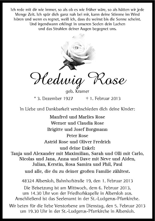 Traueranzeigen von Hedwig Rose | www.trauer.ms