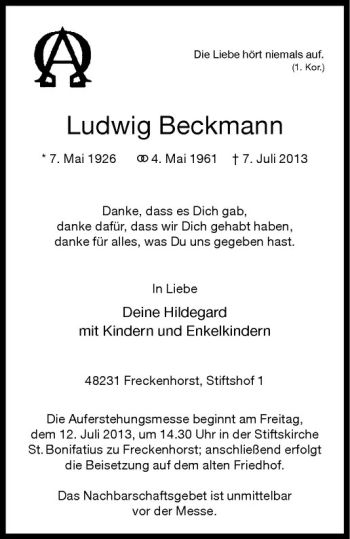 Traueranzeigen von Ludwig Beckmann | www.trauer.ms