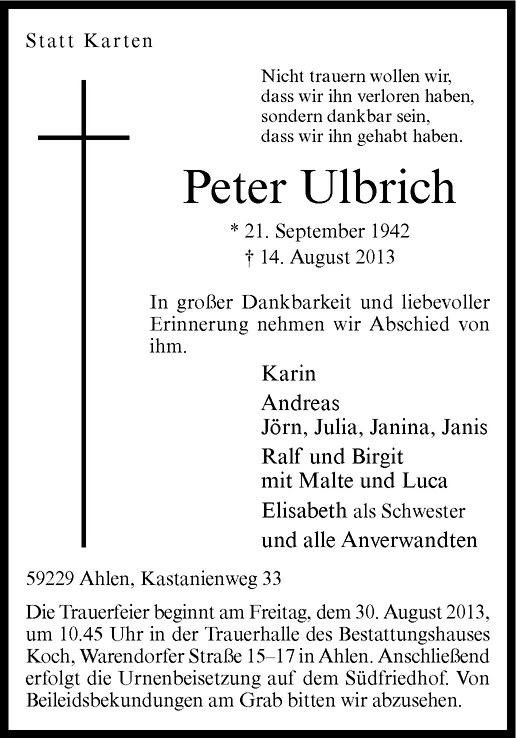 Traueranzeigen von Peter Ulbrich | www.trauer.ms