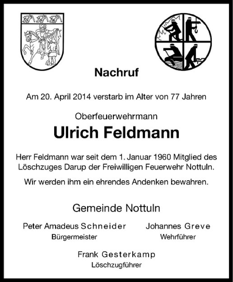 Traueranzeigen von Ulrich Feldmann | www.trauer.ms