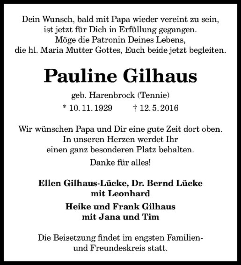 Traueranzeigen von Pauline Gilhaus | www.trauer.ms