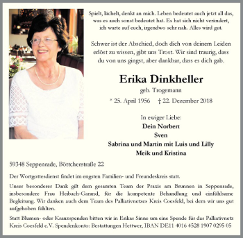 Traueranzeigen von Erika Dinkheller | www.trauer.ms