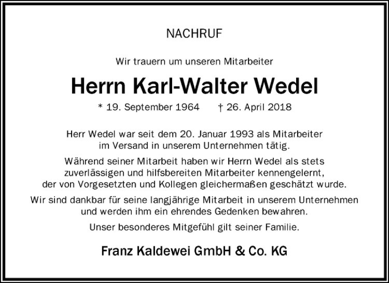 Traueranzeigen von Karl-Walter Wedel | www.trauer.ms