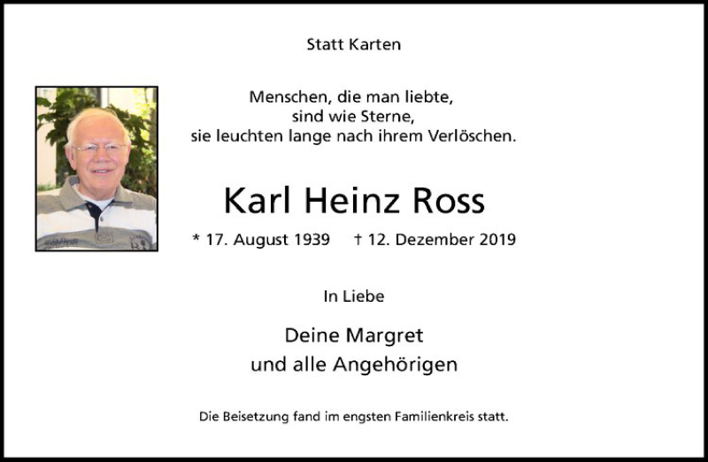 Traueranzeigen von Karl Heinz Ross | www.trauer.ms