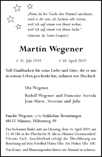 Traueranzeigen von Martin Wegener | www.trauer.ms