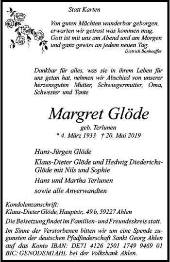 Traueranzeigen von Margret Glöde | www.trauer.ms