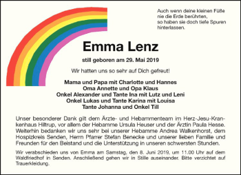 Traueranzeigen von Emma Lenz | www.trauer.ms