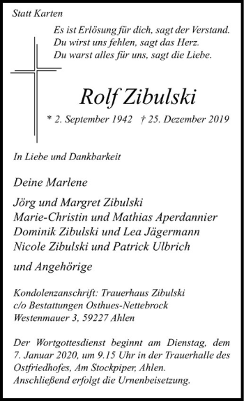 Traueranzeigen von Rolf Zibulski | www.trauer.ms