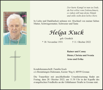 Traueranzeigen von Helga Kuck | www.trauer.ms
