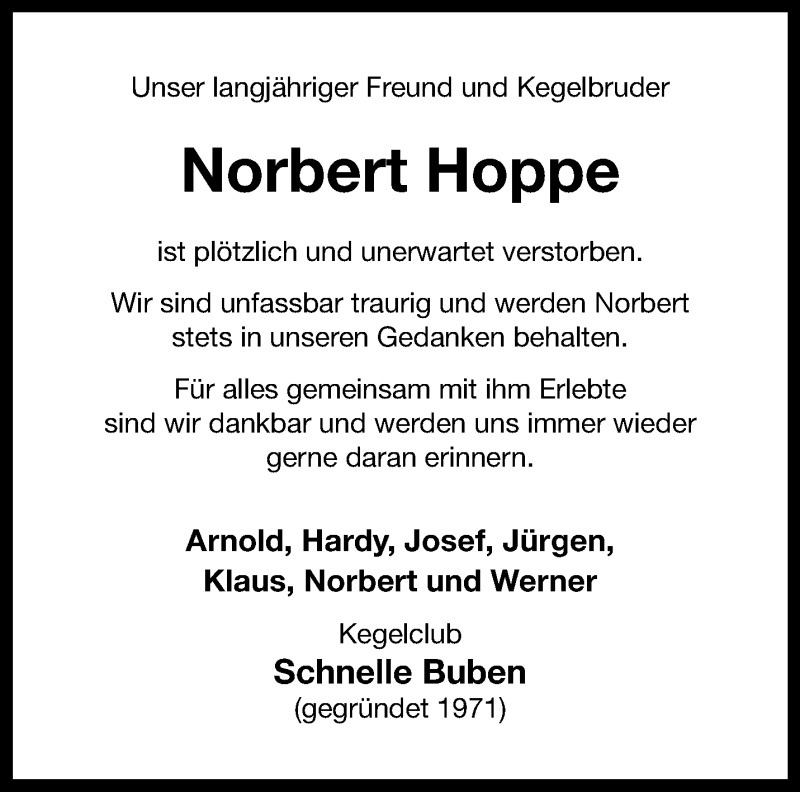 Traueranzeigen von Norbert Hoppe | www.trauer.ms