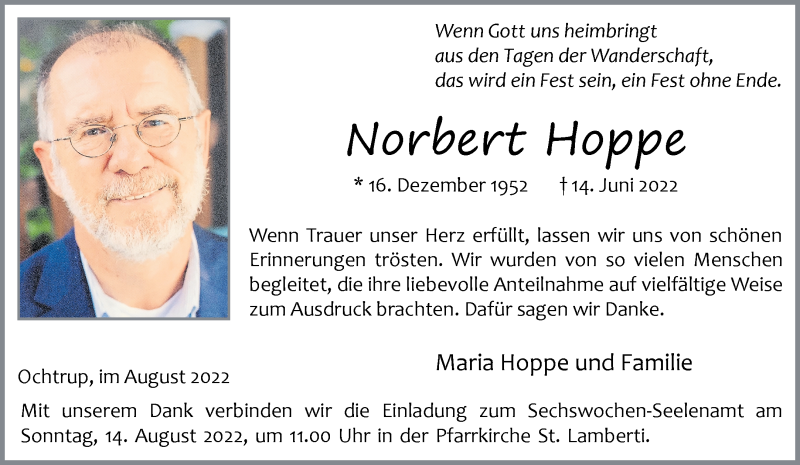Traueranzeigen von Norbert Hoppe | www.trauer.ms