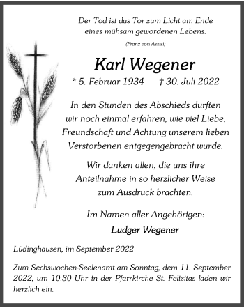 Traueranzeigen von Karl Wegner | www.trauer.ms