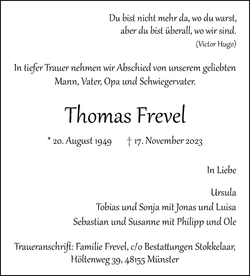 Traueranzeigen von Thomas Frevel | www.trauer.ms