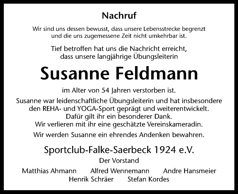 Traueranzeigen von Susanne Feldmann | www.trauer.ms