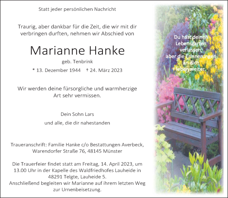 Traueranzeigen von Marianne Hanke | www.trauer.ms