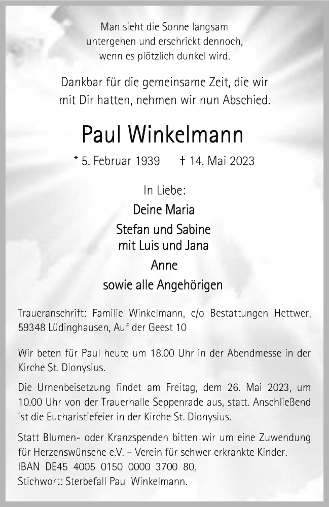 Traueranzeigen von Paul Winkelmann | www.trauer.ms