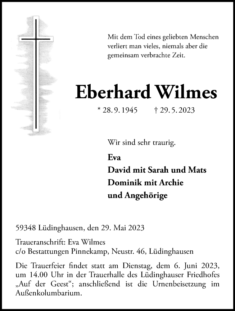Traueranzeigen von Eberhard Wilmes | www.trauer.ms