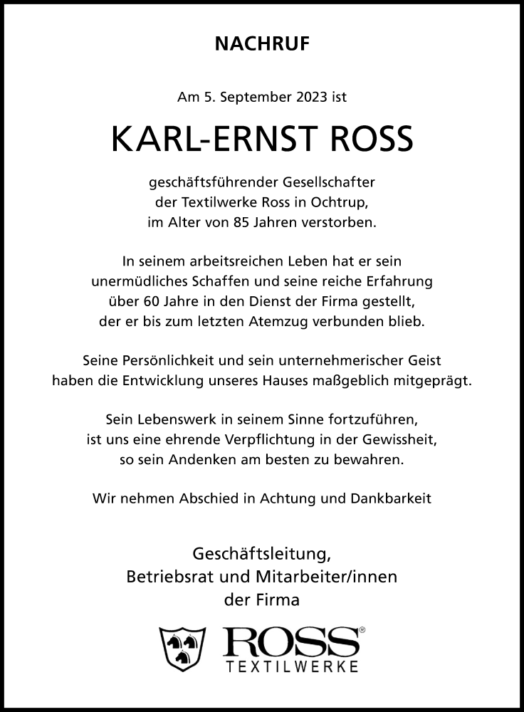 Traueranzeigen von Karl-Ernst Ross | www.trauer.ms