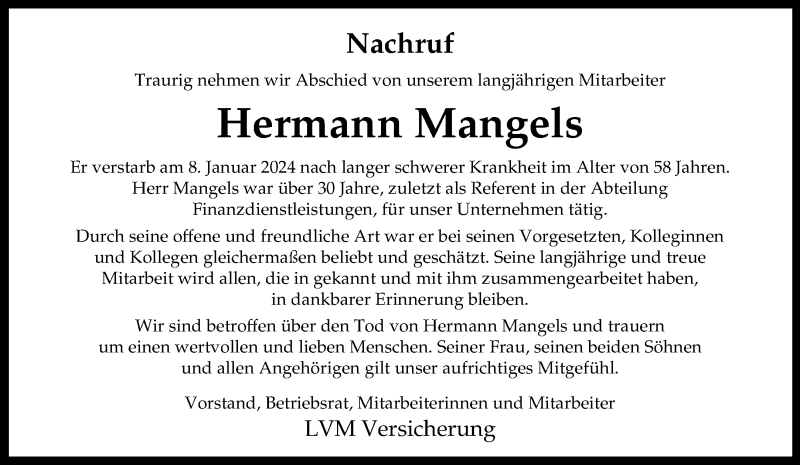 Traueranzeigen von Hermann Mangels | www.trauer.ms