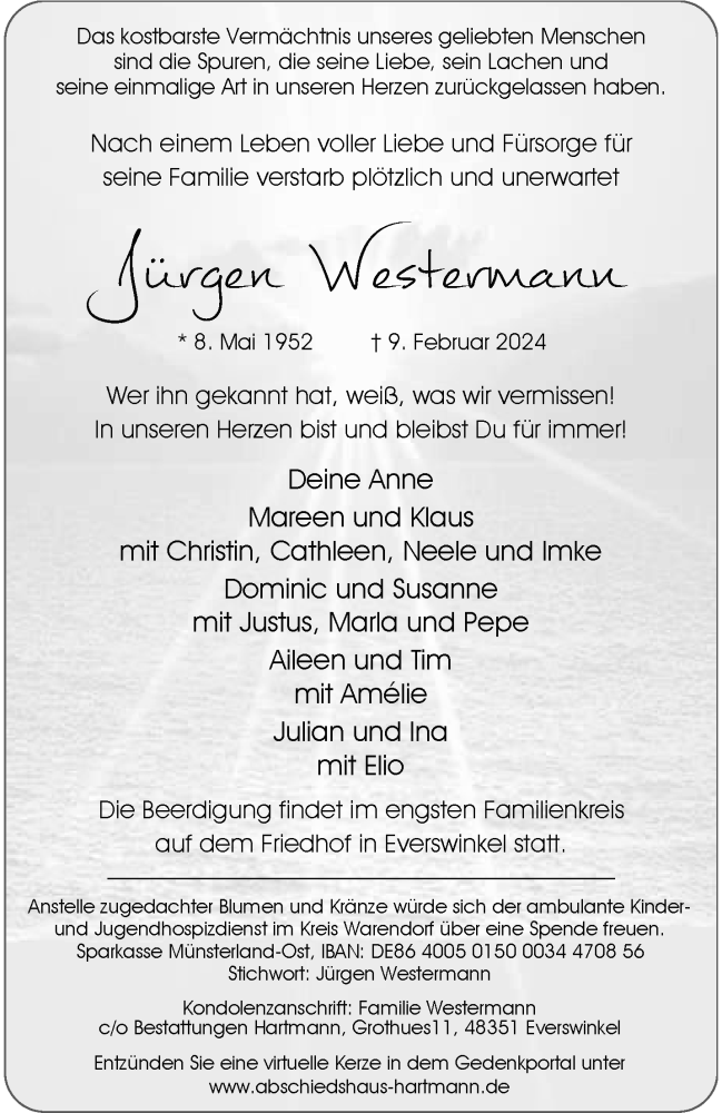 Traueranzeigen von Jürgen Westermann | www.trauer.ms