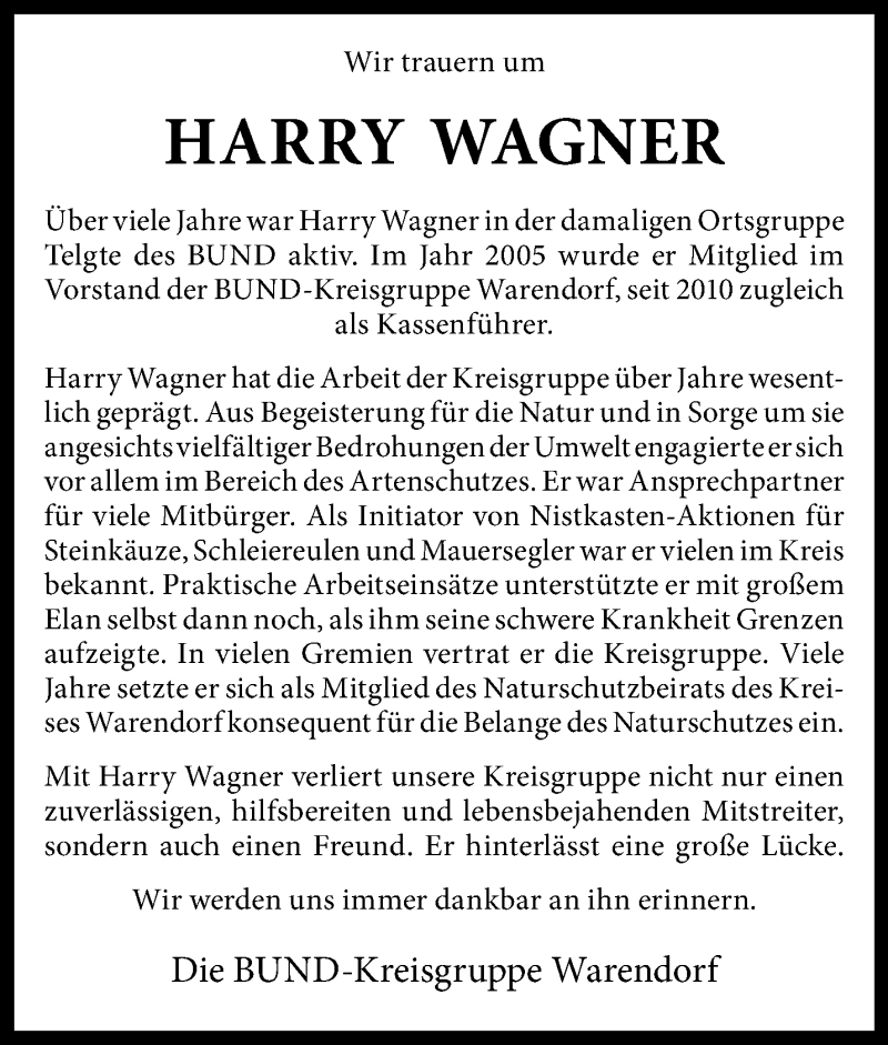 Traueranzeigen von Harry Wagner | www.trauer.ms