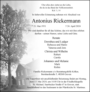 Traueranzeigen von Antonius Rickermann | www.trauer.ms