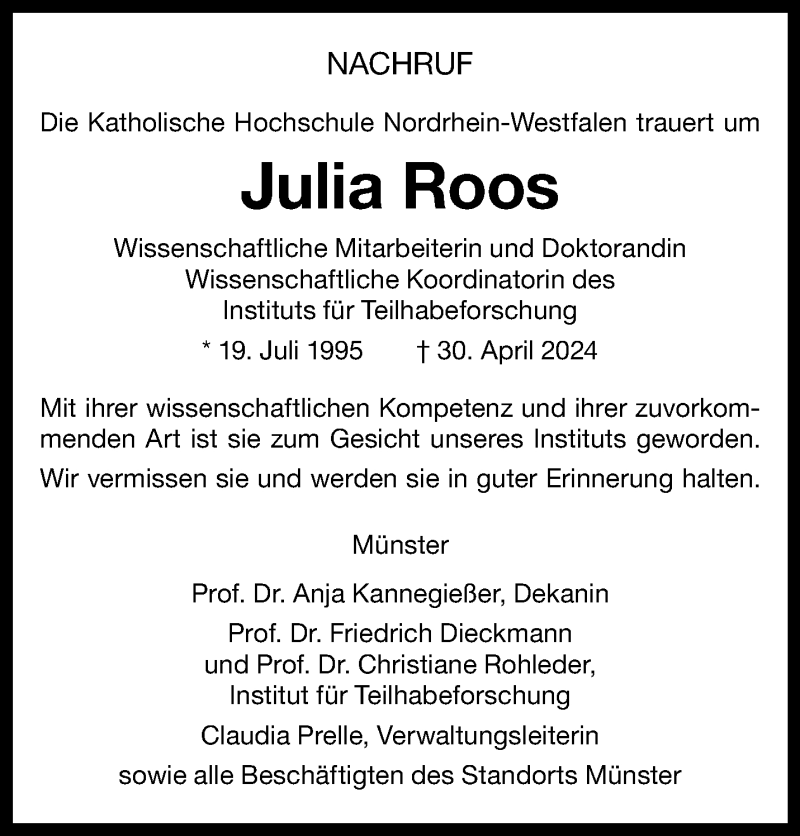 Traueranzeigen von Julia Roos | www.trauer.ms