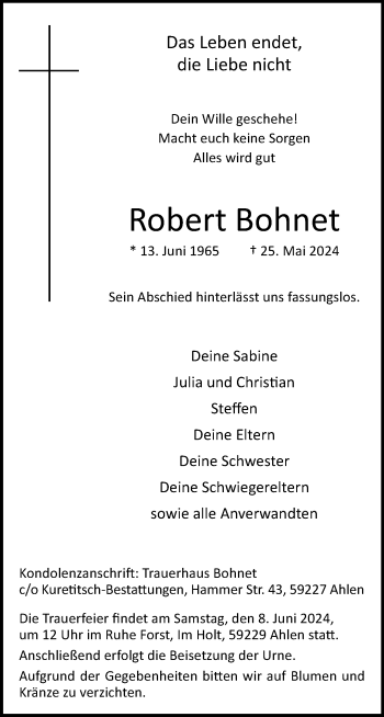 Traueranzeigen von Robert Bohnet | www.trauer.ms