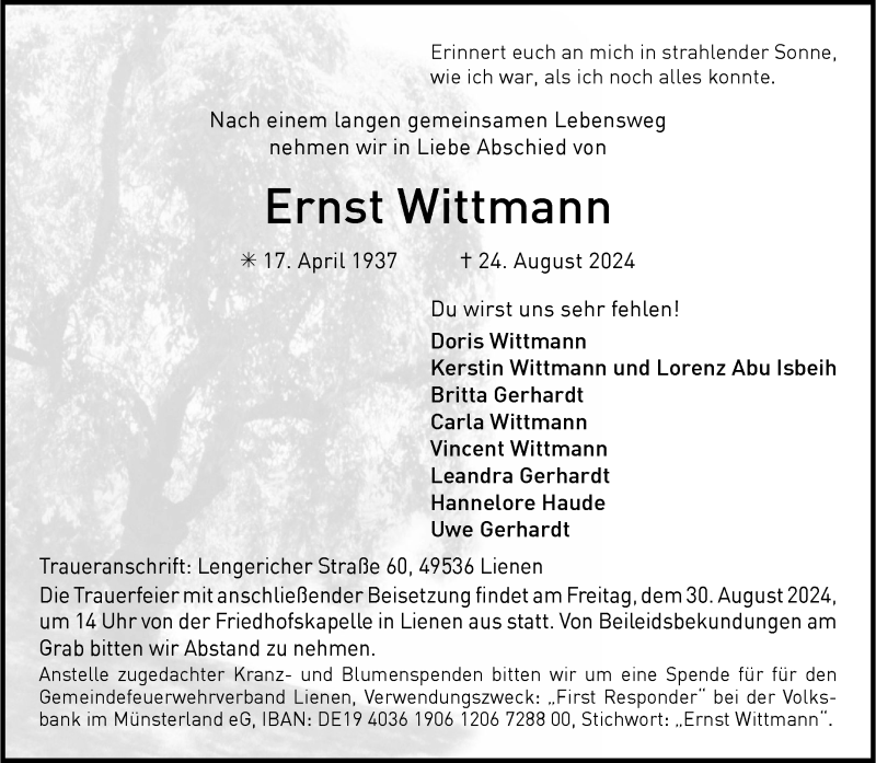 Traueranzeigen von Ernst Wittmann | www.trauer.ms