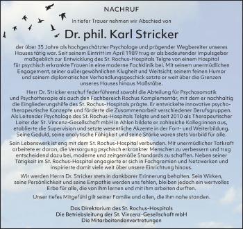 Traueranzeigen von Dr. phil. Karl Stricker | www.trauer.ms