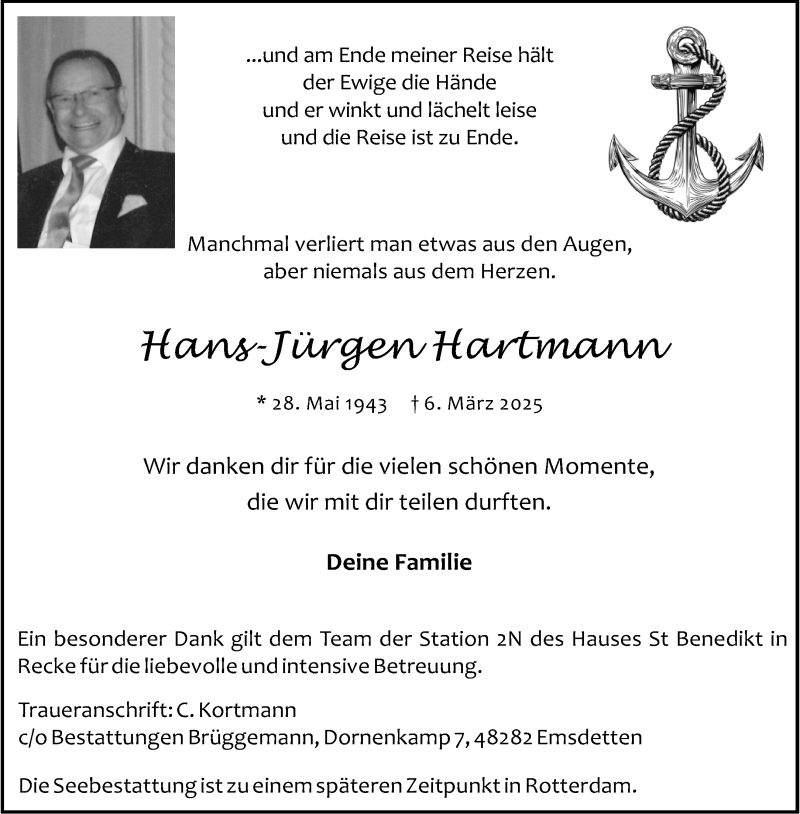 Traueranzeigen von Hans-Jürgen Hartmann | www.trauer.ms