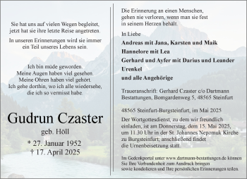 Traueranzeigen von Gudrun Czaster | www.trauer.ms